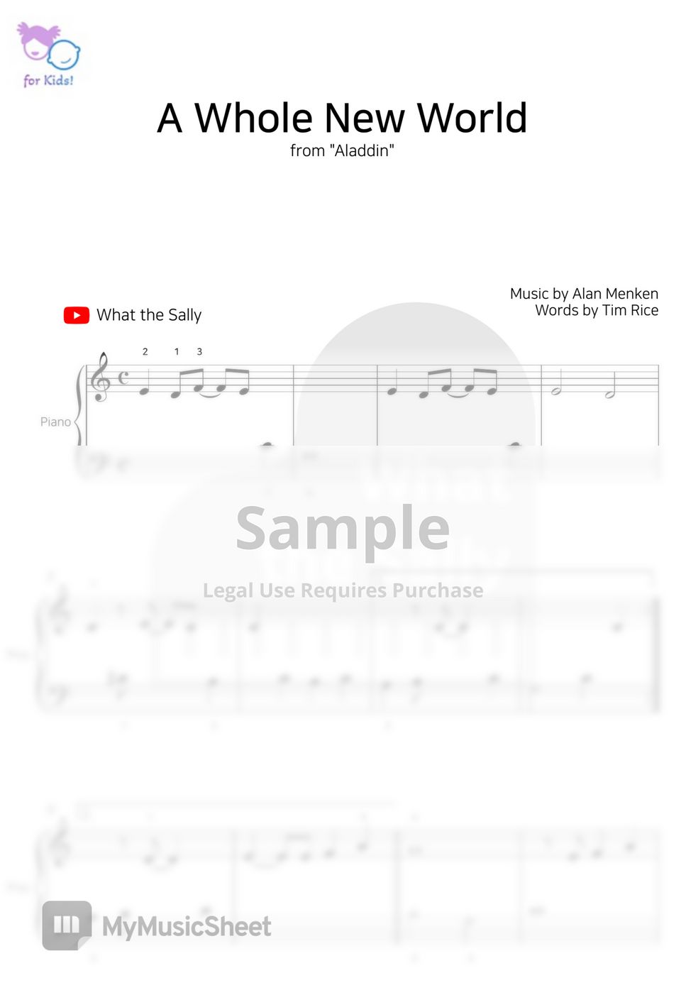 Alan Menken - A Whole New World (Aladdin OST / for Kids) Sheet by What the Sally