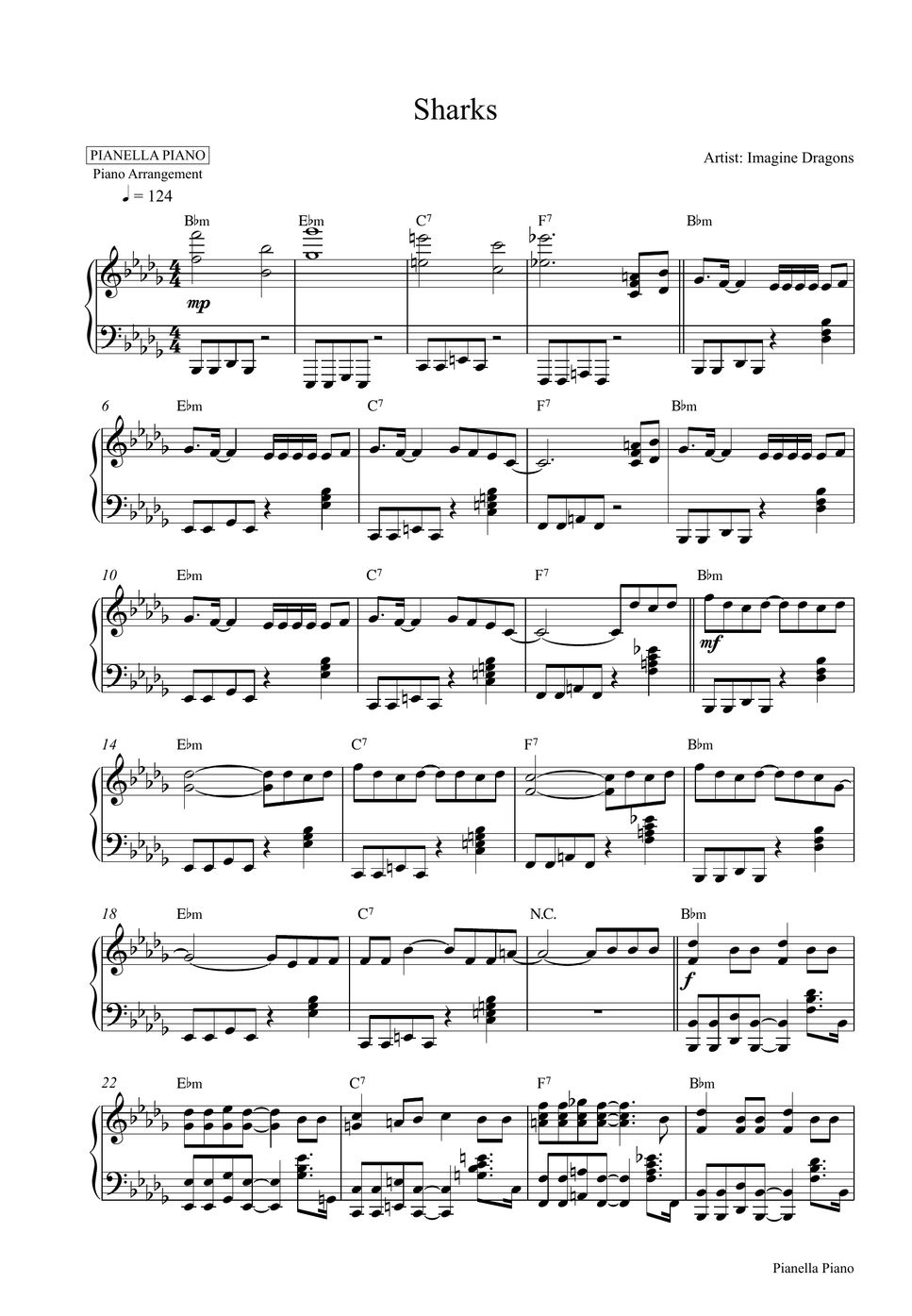 Imagine Dragons - Sharks (Piano Sheet) Notenblatt by Pianella Piano