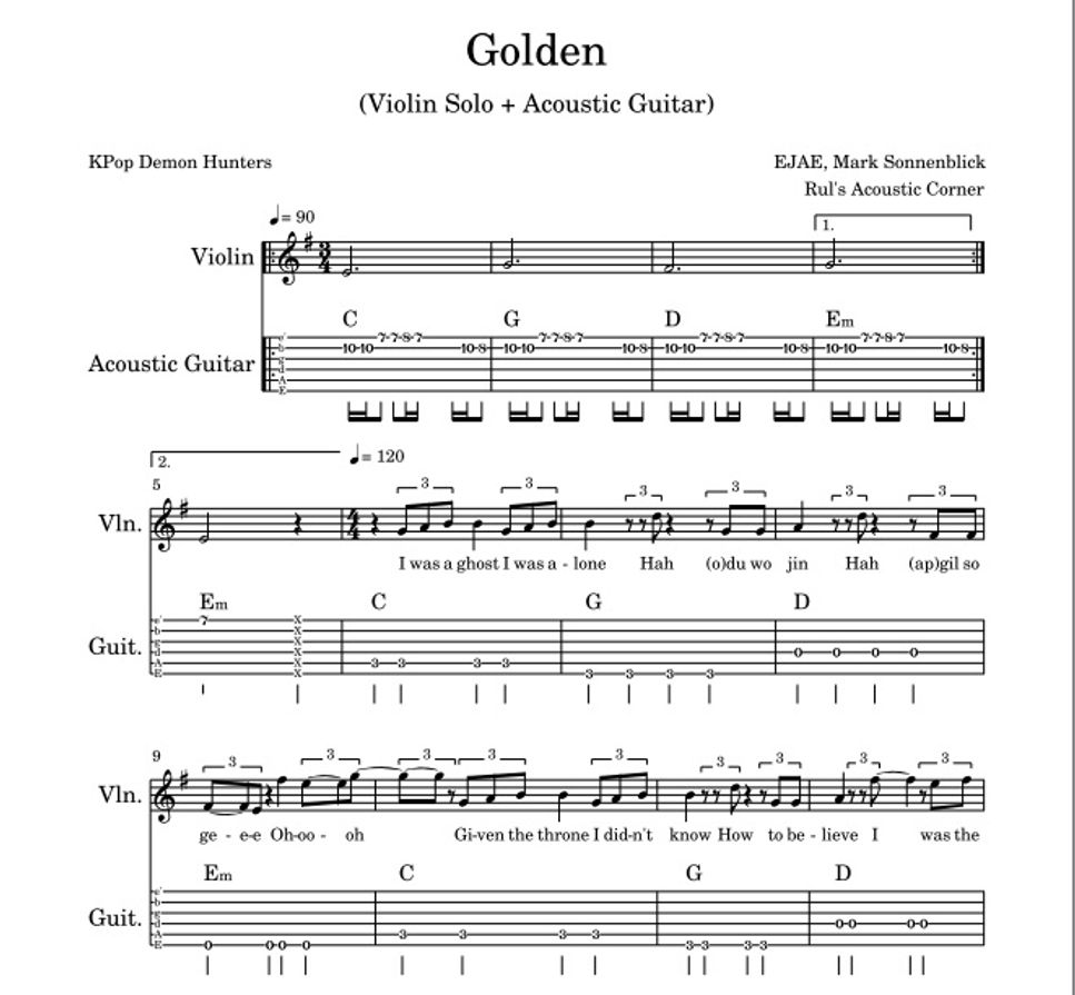KPop Demon Hunters - Golden (Violin Solo + Acoustic Guitar sheet music tabs) TAB+1 Staff by ...