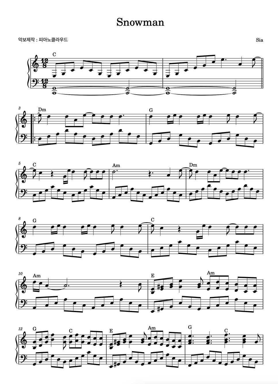 Sia - Snowman (Snowman/Sia/쉬운Ckey) 楽譜 by 피아노클라우드(piano cloud)