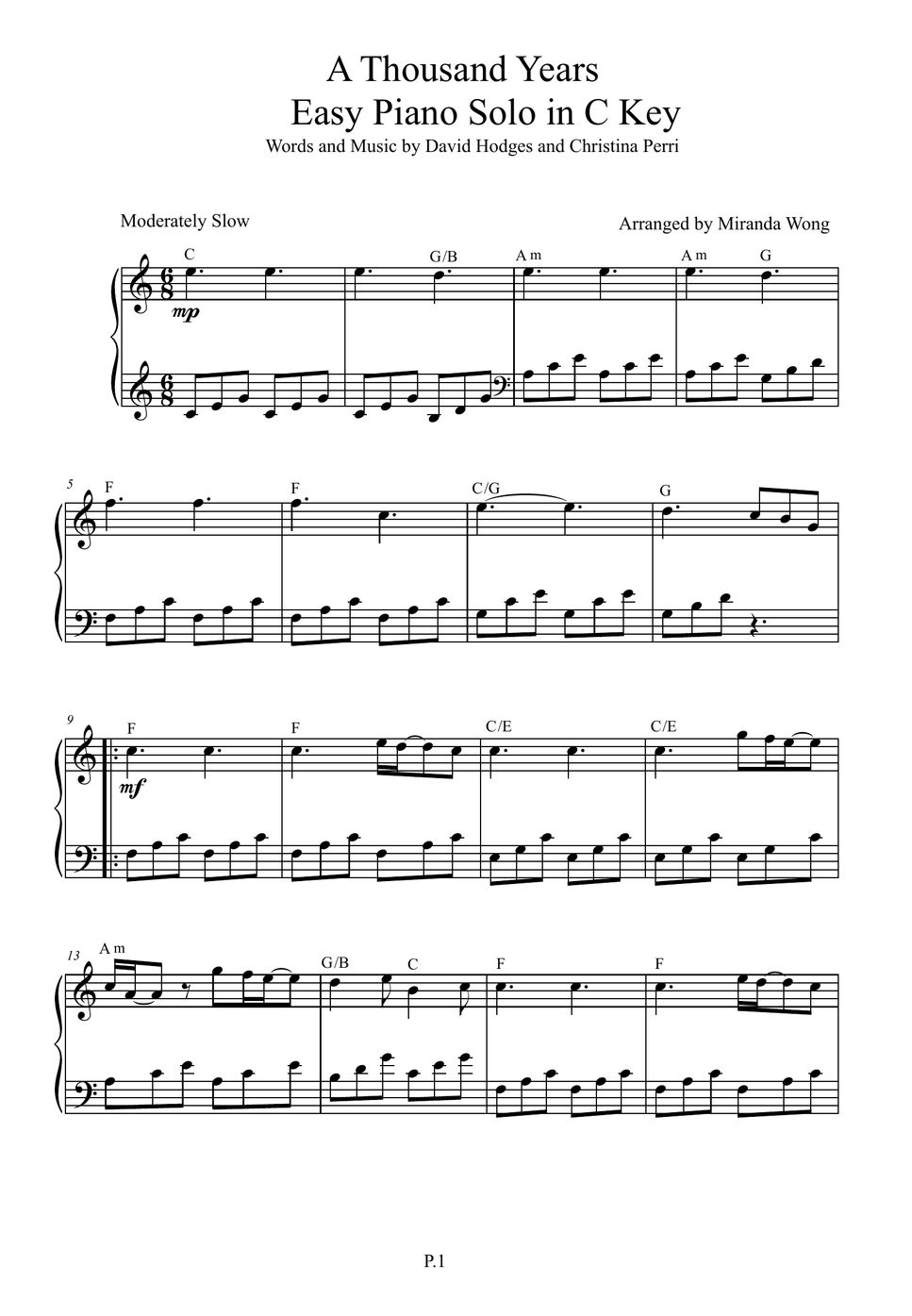 Christina Perri - A Thousand Years - Easy Piano Solo in C Key Lembar ...