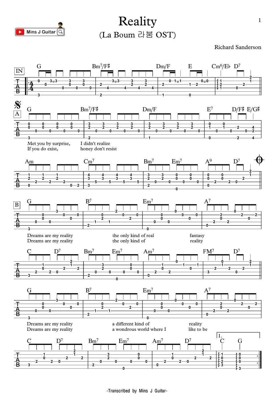 Richard Sanderson - Reality(La Boum OST) (TAB & Chord) TAB by Mins J Guitar