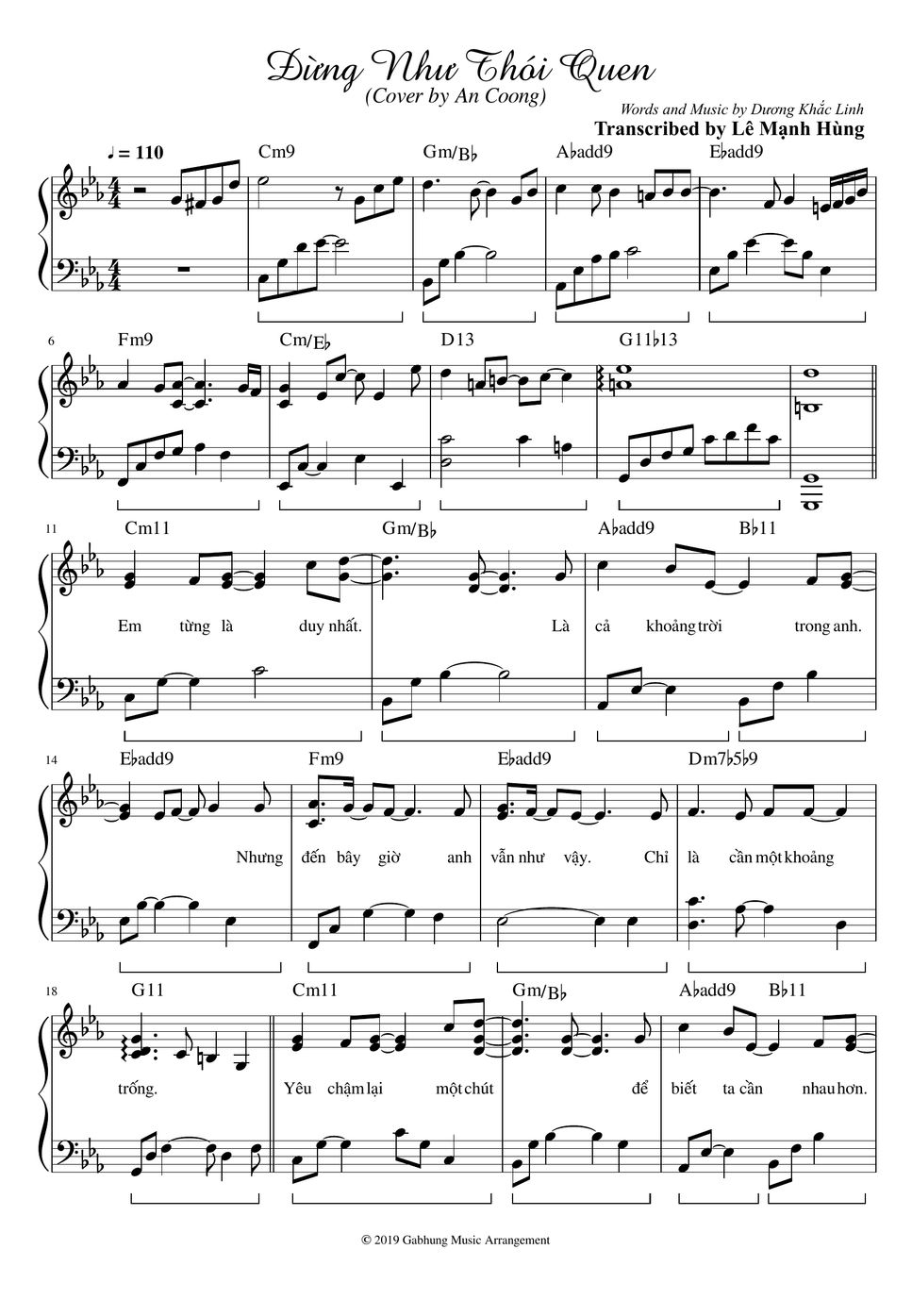 Cover by An Coong - Đừng Như Thói Quen (Transcribed) نوتة by Le Manh Hung