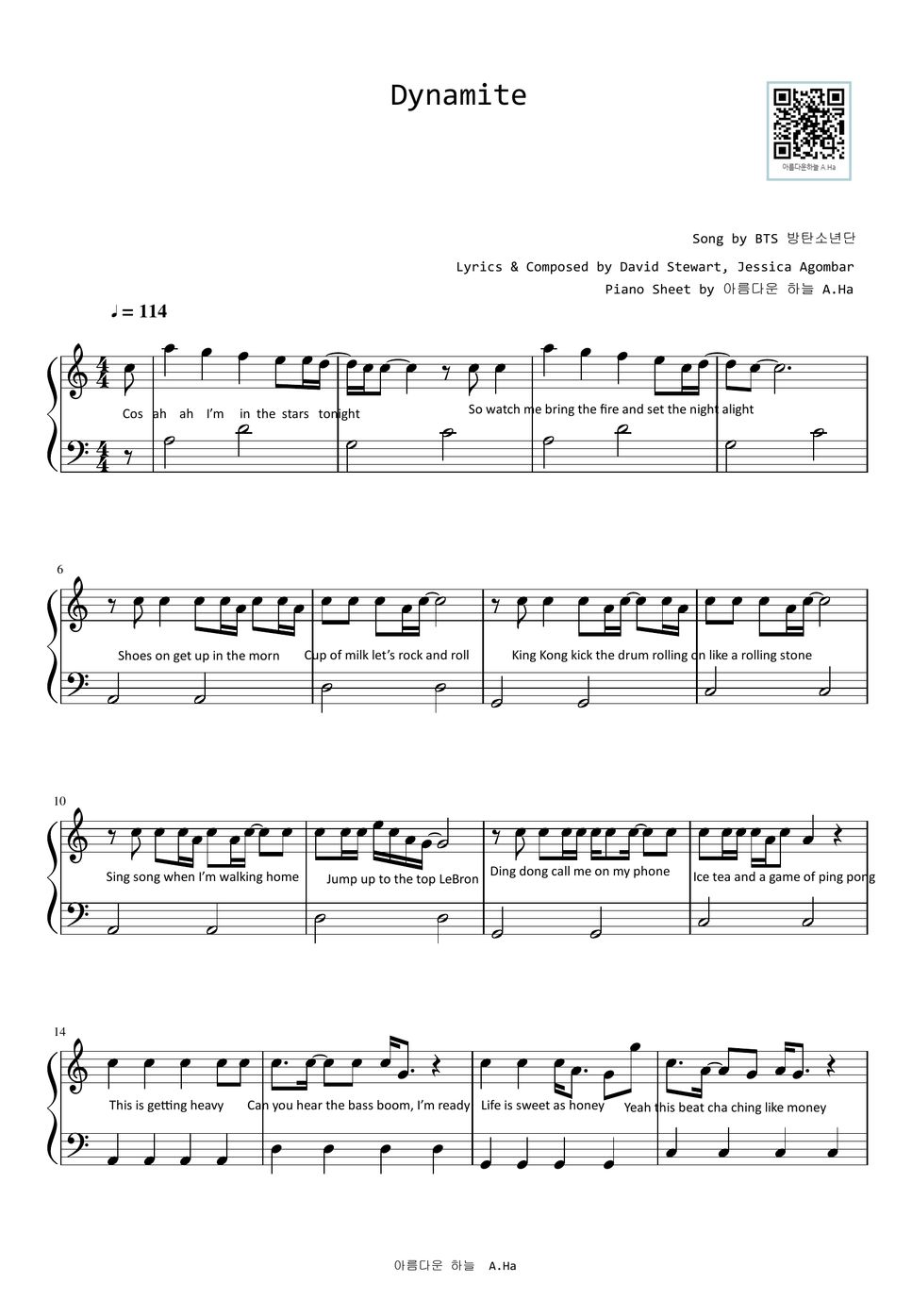 BTS 방탄소년단 - Dynamite (Level1 Very Easy) 악보 by A.Ha