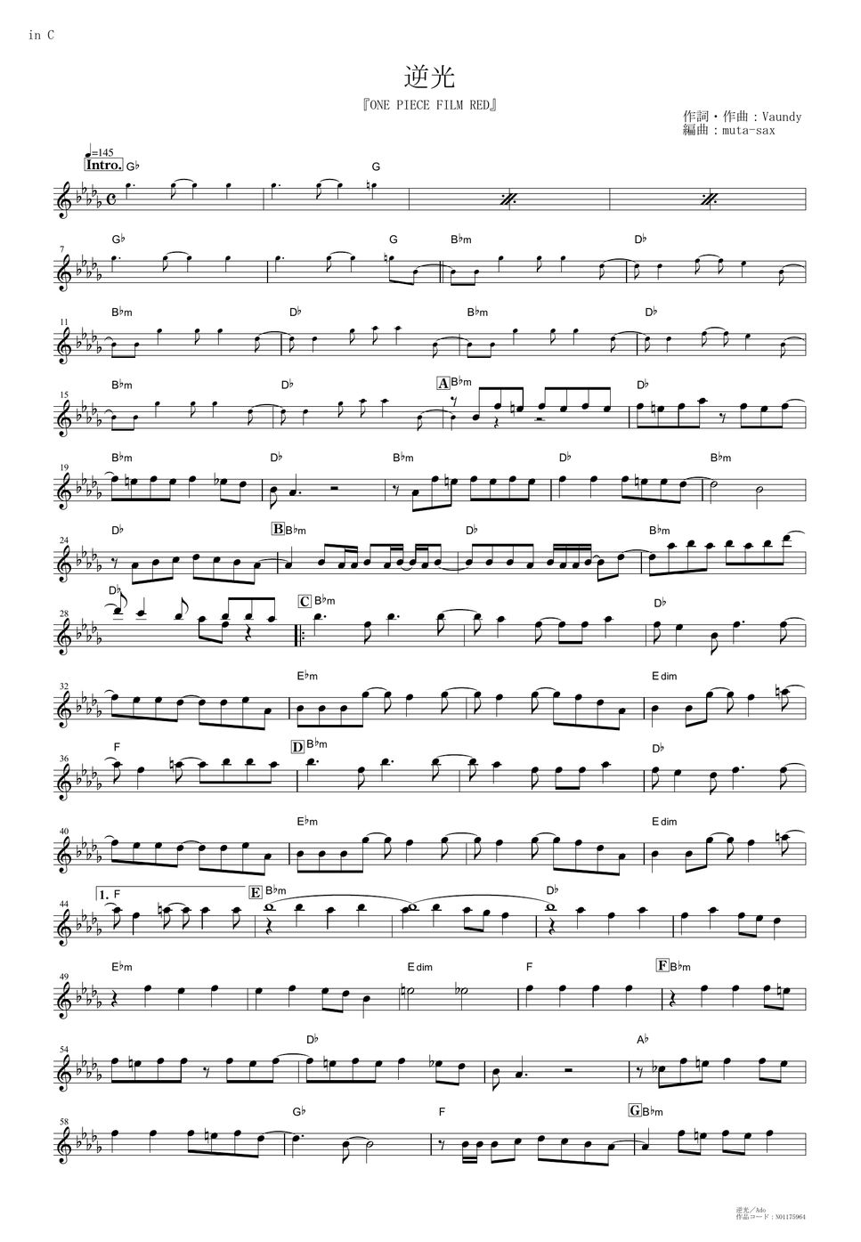 Ado - Backlight (One Piece Film: Red / in C) Лист by muta-sax