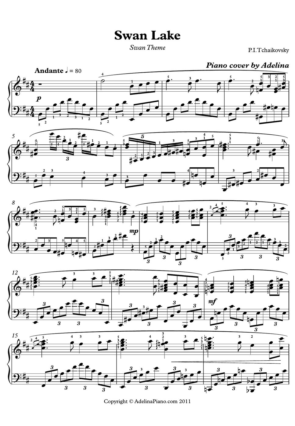 Tchaikovsky - Swan Lake /Swan Theme/ 악보 by Adelina Piano