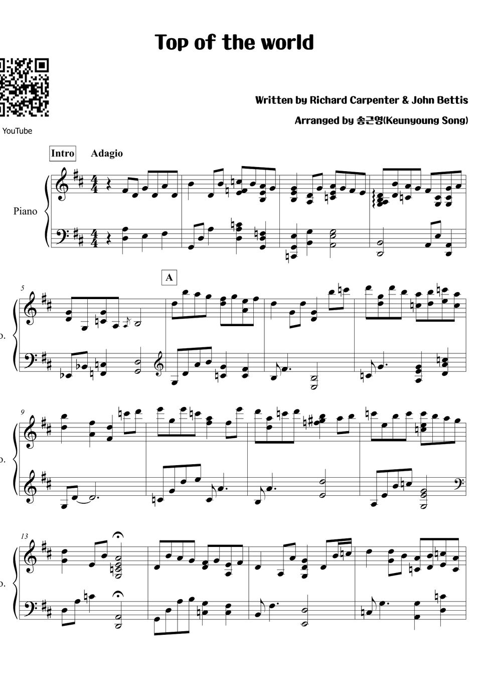 Carpenters - Top Of The World 楽譜 by Keunyoung Song