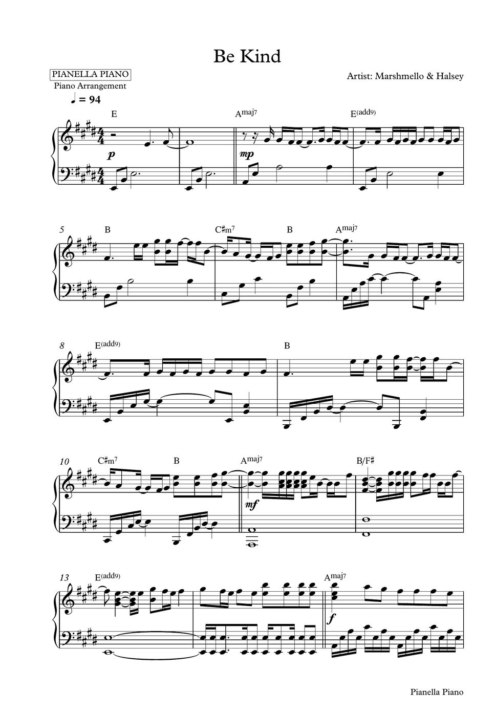 Marshmello & Halsey - Be Kind (Piano Sheet) Partition musicale by ...