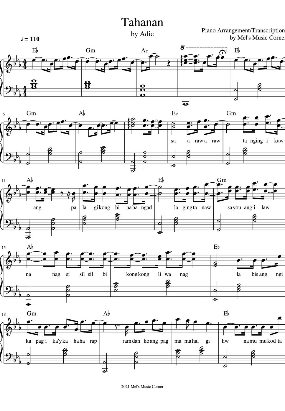 Adie - Tahanan (piano sheet music) Partitura by Mel's Music Corner
