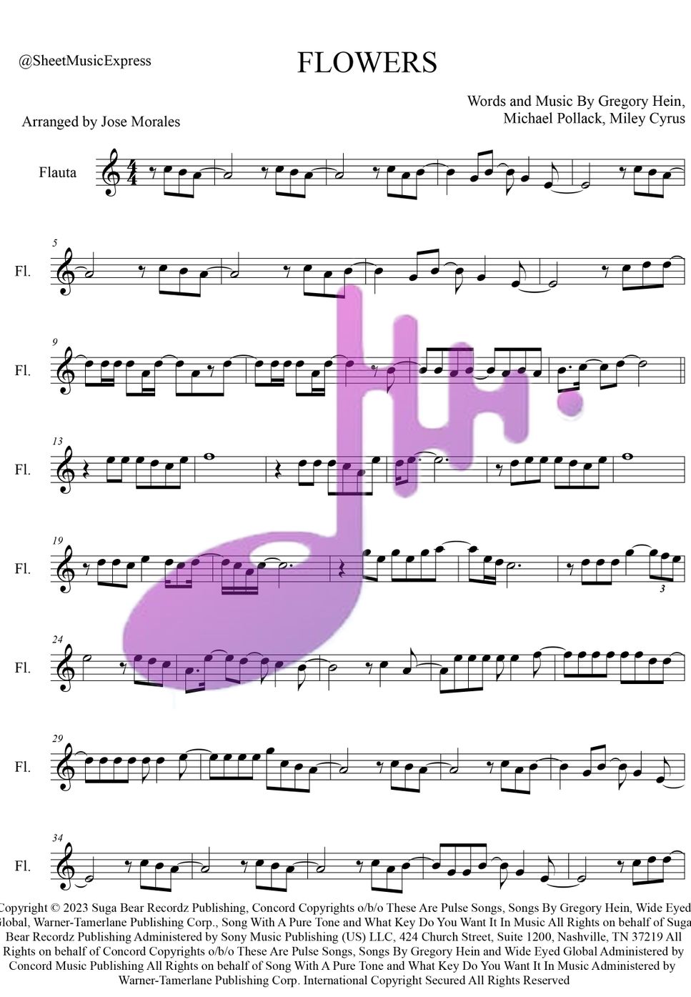Miley Cyrus - Flowers - Miley Cyrus Flute (Pop) 악보 by Sheet Music Express