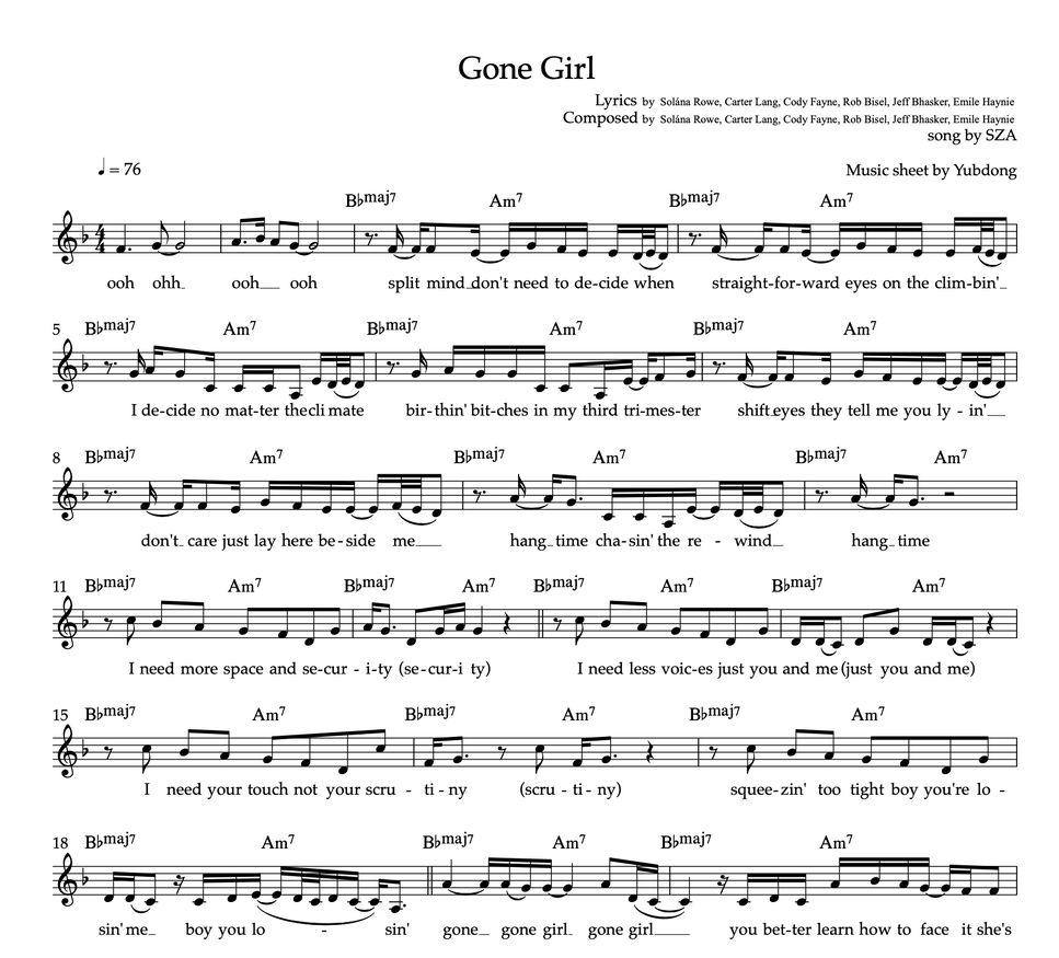 SZA - Gone Girl (Vocal Solo) Sheet Music by yubdong
