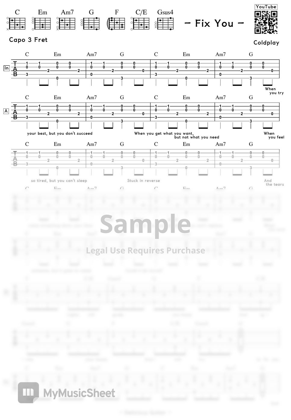 Coldplay - Fix You Tab + 1staff by Delicious Guitar