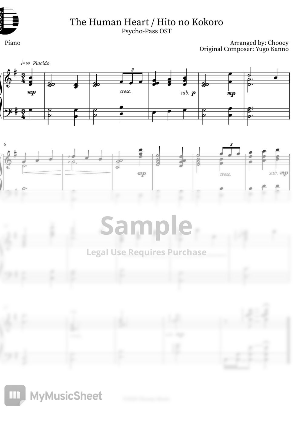 Yugo Kanno - The Human Heart / Hito no Kokoro (Psycho-Pass OST) Sheet by Chooey