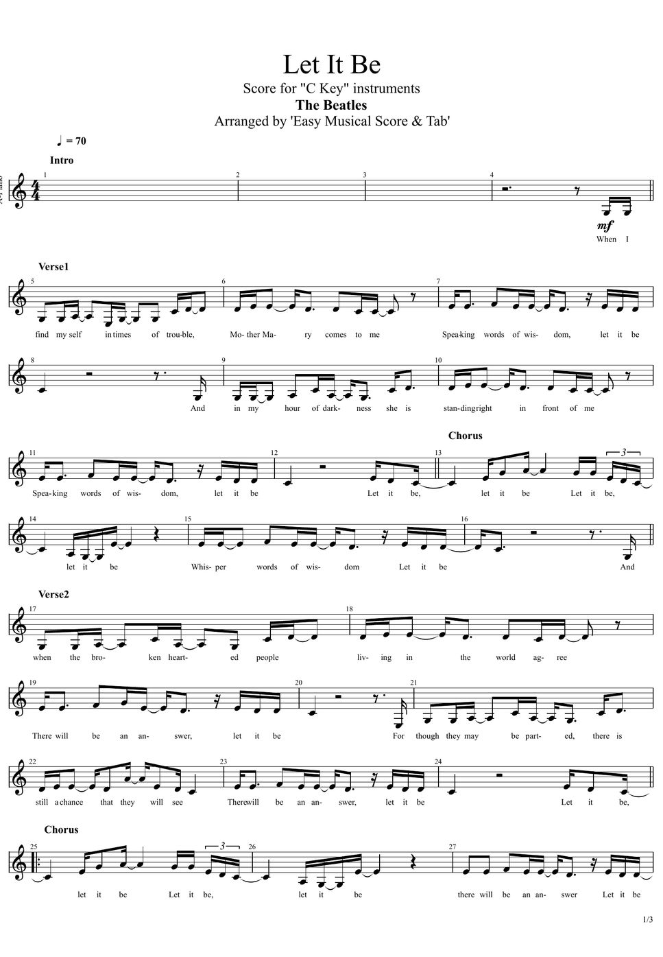 The Beatles - Let It Be (Score for "C Key" instruments) Sheet by EMST