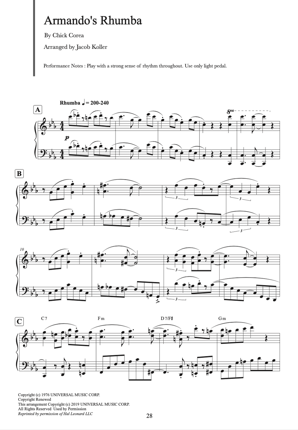 Chick Corea - Armando's Rhumba 楽譜 by Jacob Koller