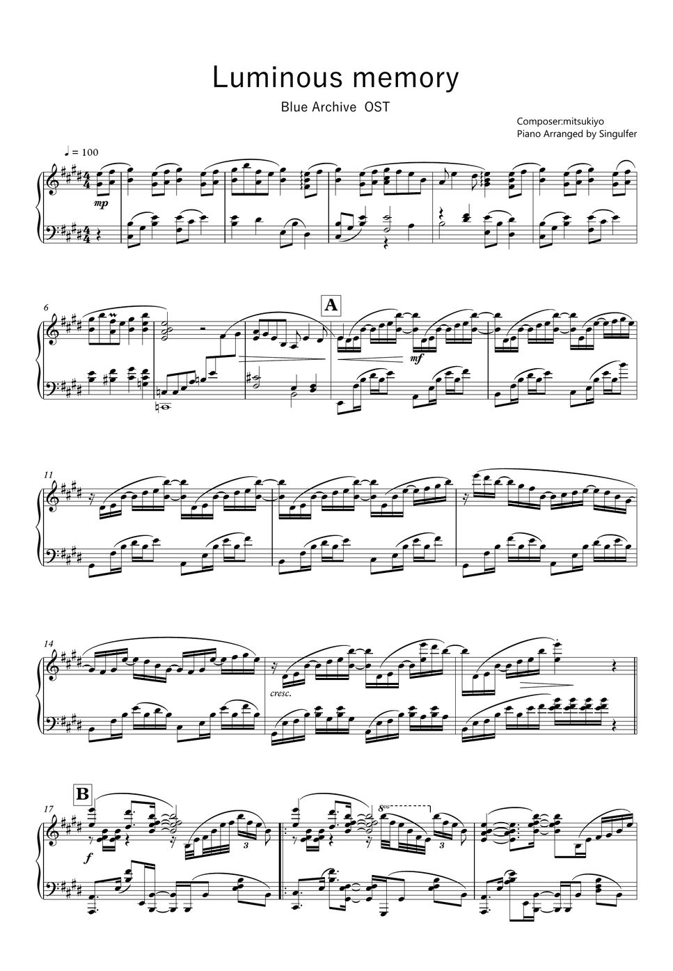 碧蓝档案 - Luminous memory (钢琴版) Lembar Musik by Singulfer-小言