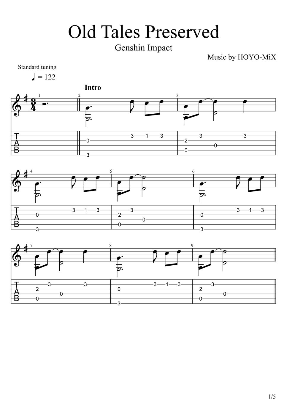 Genshin Impact - Old Tales Preserved (Fingerstyle) Sheet Music by u3danchou