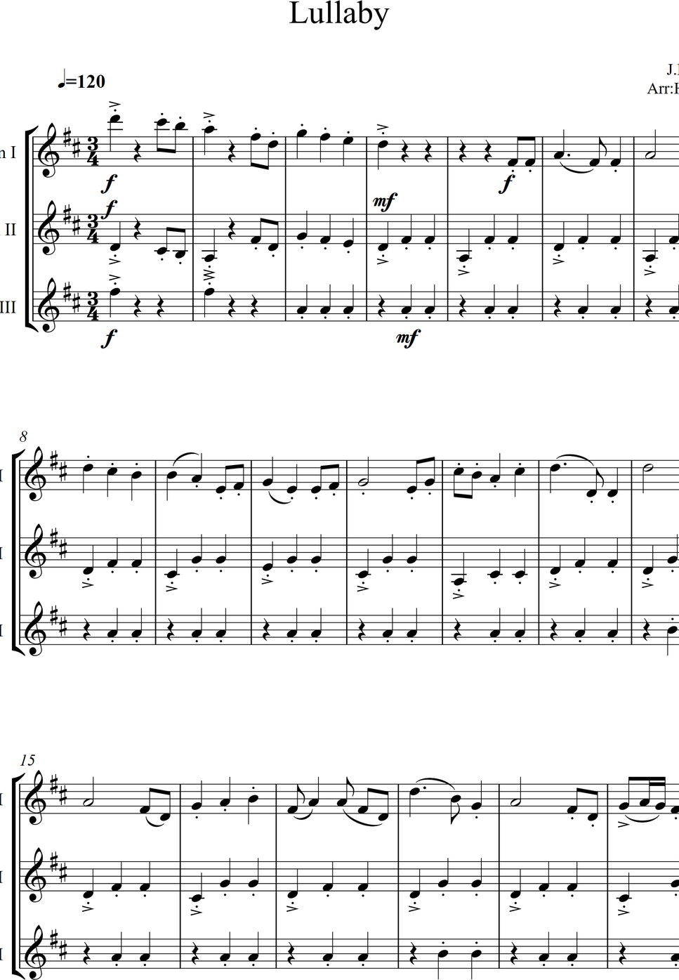 Johannes Brahms - Lullaby - for 3 parts Violin ensemble Sheet | mymusic5