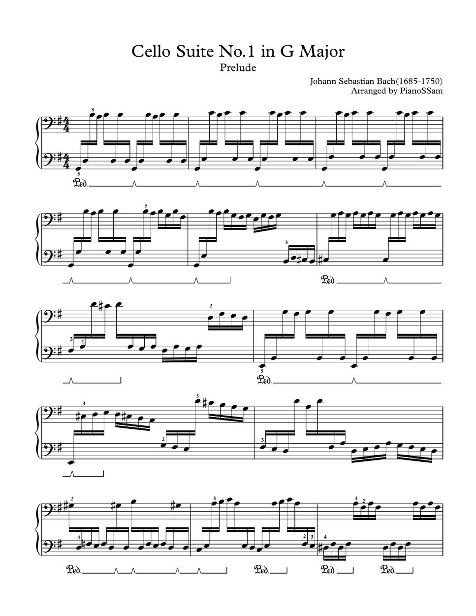 J.S. Bach - Cello Suite No.1 in G Major (Prelude) Sheet by PianoSSam