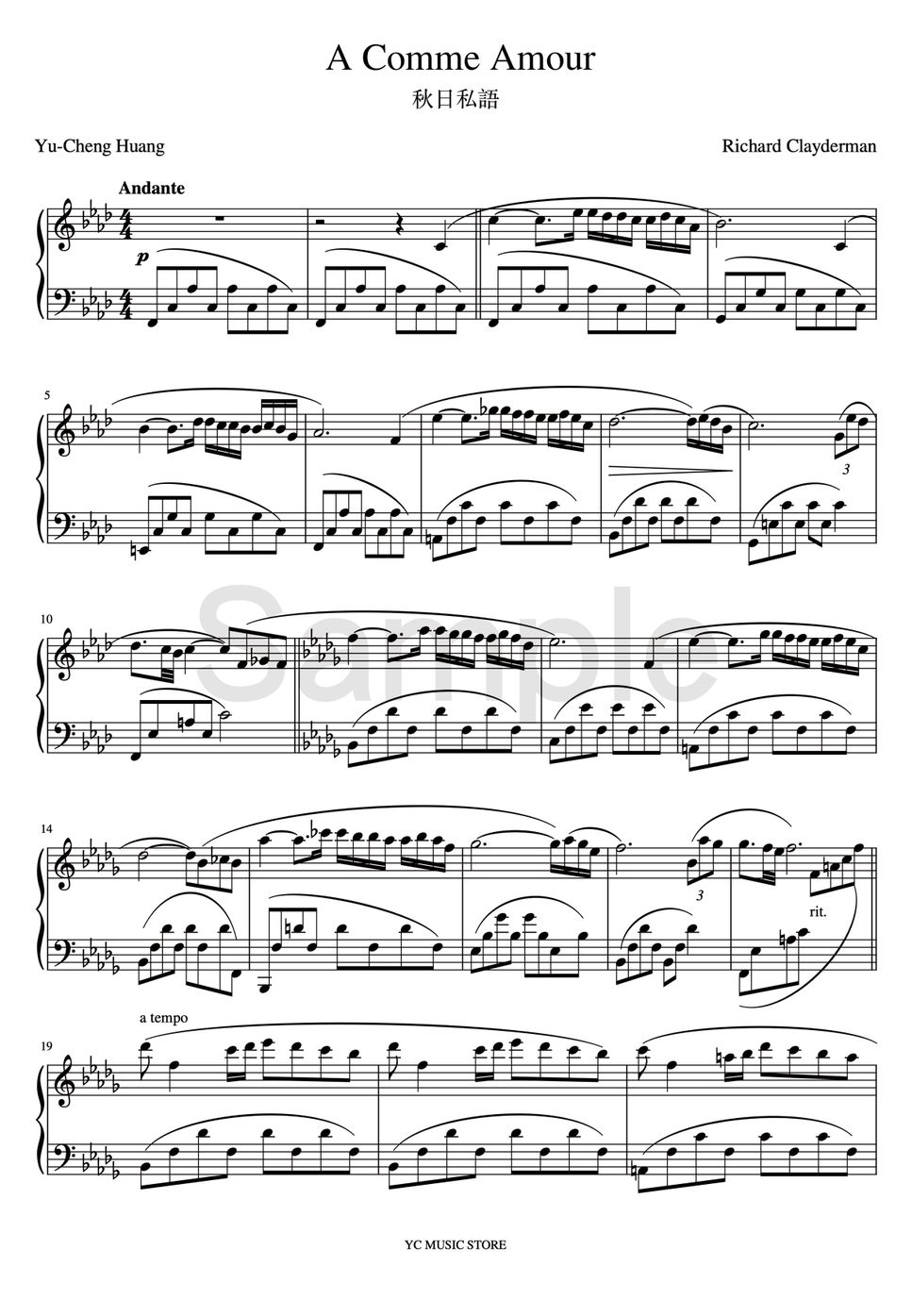 Richard Clayderman - A Comme Amour 秋日私語 Sheet Music by YC MUSIC