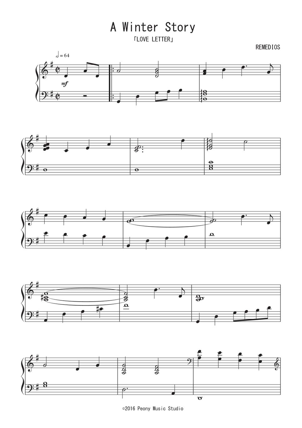 映画『Love Letter』OST - A Winter Story 楽譜 by Peony