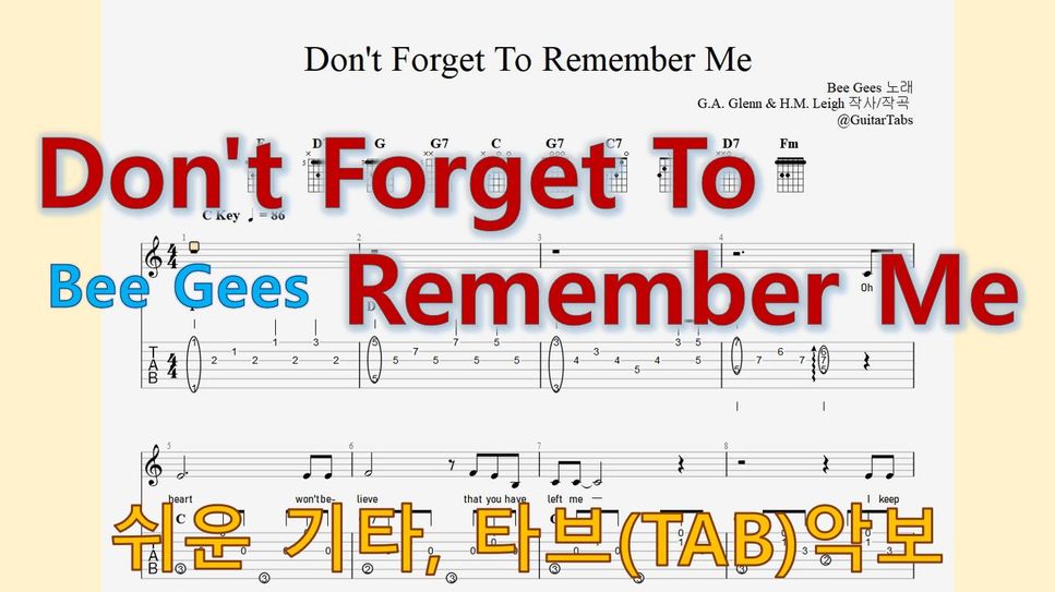 Bee Gees - Don't Forget To Remember (C Key / Easy TAB / Lyrics) Sheet ...