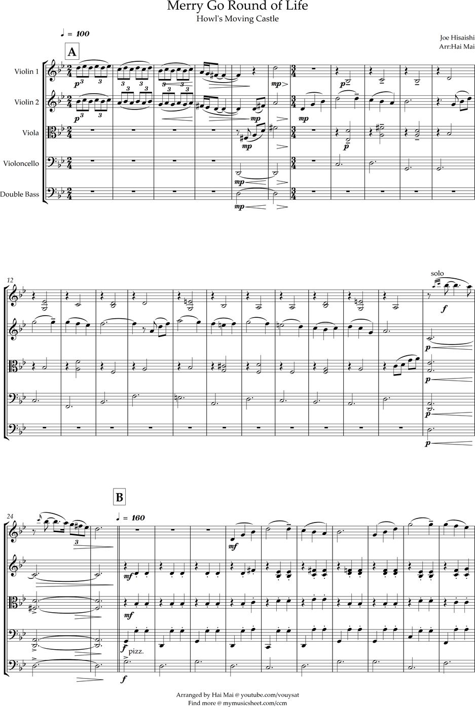 Joe Hisaishi - Merry Go Round of Life for String Quintet(Howl's Moving ...