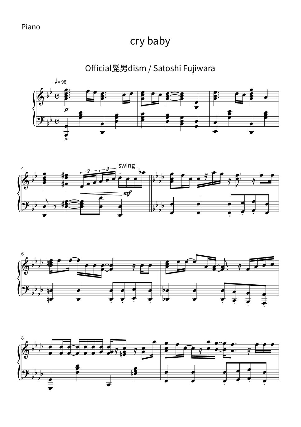 Official髭男dism - 【Tokyo Revengers】cry baby ; piano solo 악보 by Yu_OBC wind