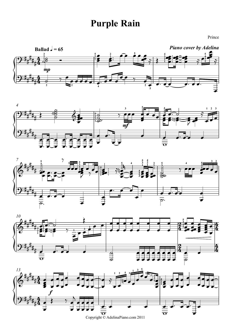 Prince - Purple Rain Sheet by Adelina Piano