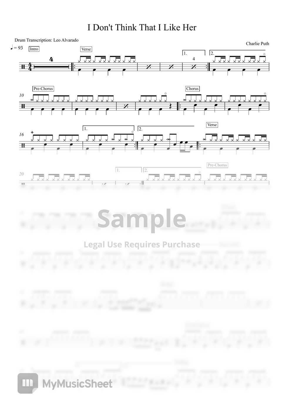 Charlie Puth - I Don´t Think That I Like Her Hoja by Drum Transcription ...