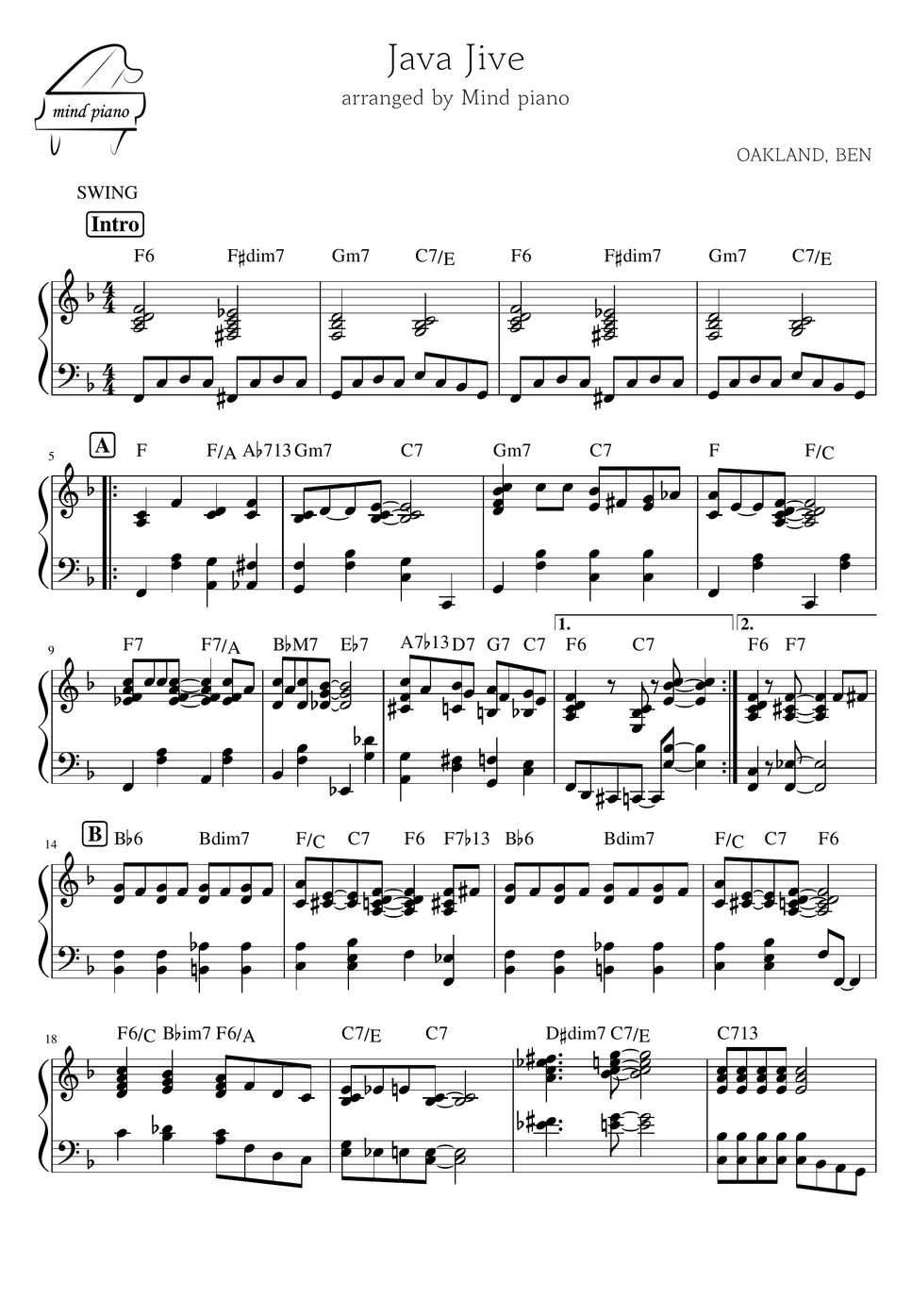 OAKLAND BEN - Java Jive (for solo piano) 악보 by MindPiano