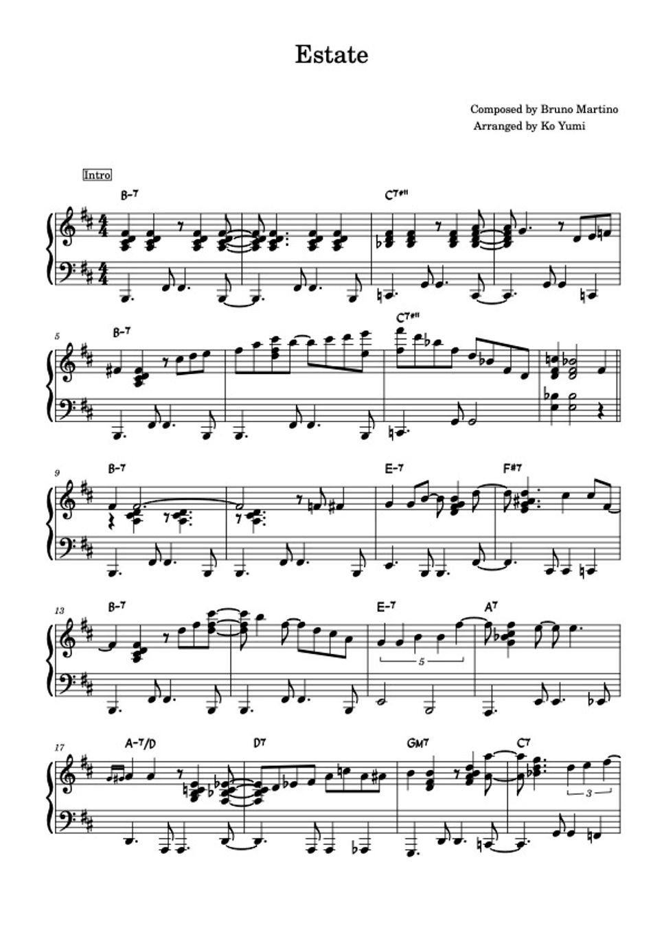 Bruno Martino - ESTATE (Bossa Nova Solo Piano) Sheet by KoYumi Music