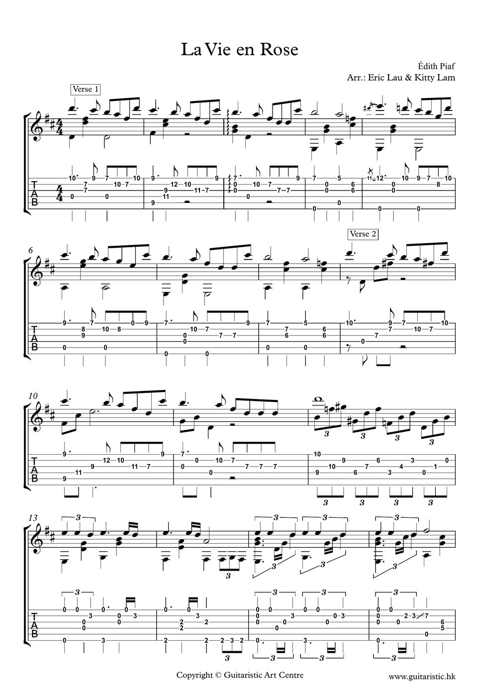 La Vie Rose - Edith Piaf (Fingerstyle Guitar) TAB by Eric Lau & Kitty Lam