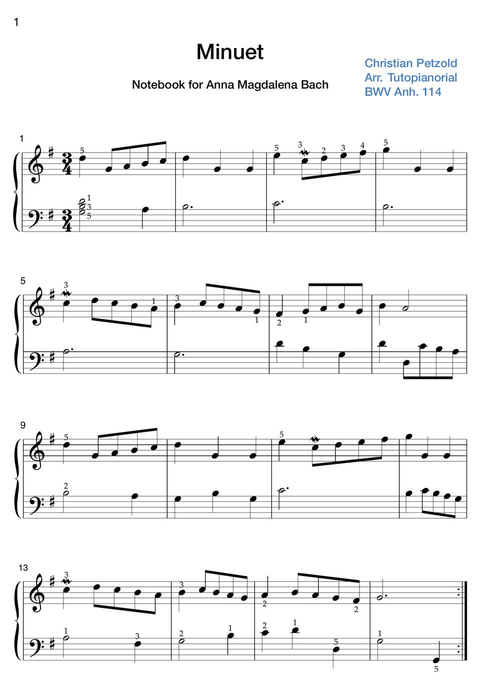 Christian Petzold - Minuet G Major, BWV Anh. 114 (Bach) Partitura by ...