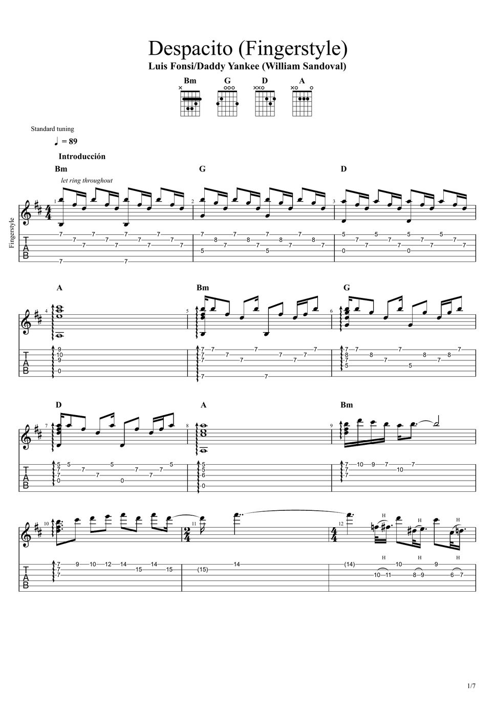 Luis Fonsi/Daddy Yankee - Despacito (Fingerstyle) Tab + 단선 악보 by ...