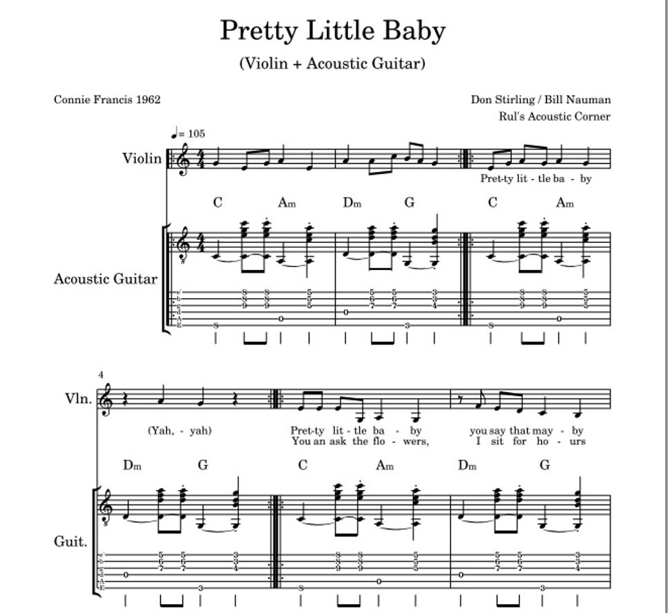Connie Francis - Pretty Little Baby (Easy Violin + Acoustic Guitar ...