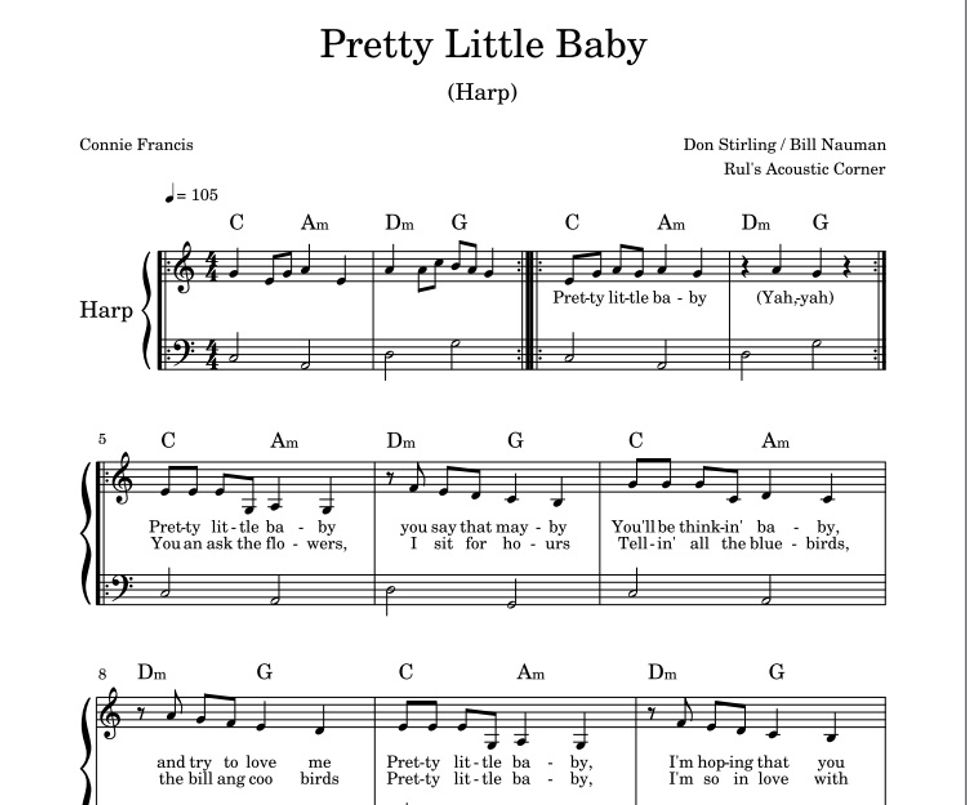 Connie Francis - Pretty Little Baby (Easy Harp Sheet Musical Notes) 악보 ...