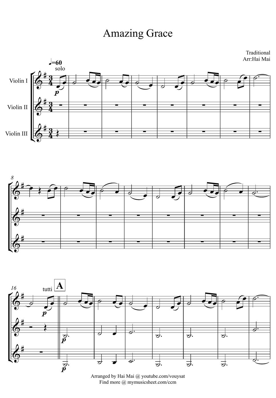 John Newton - Amazing Grace - For Violin ensemble 3 parts Partitura by ...