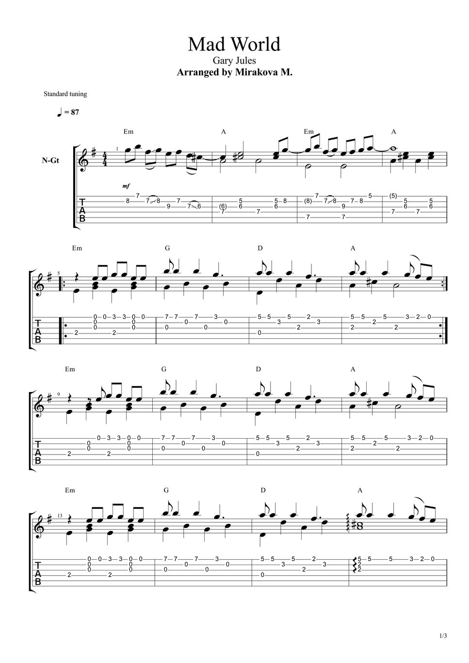 Gary Jules - Mad World Tab + 1pentagramma by Marina Mirakova