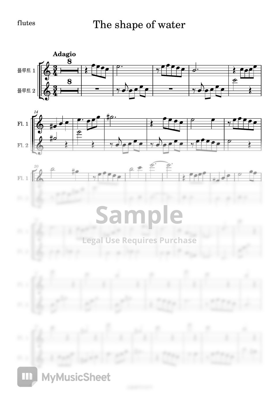 알렉상드르 데스플라 - The shape of water (Two flute /반주 MR/피아노 악보) Notenblatt by ...