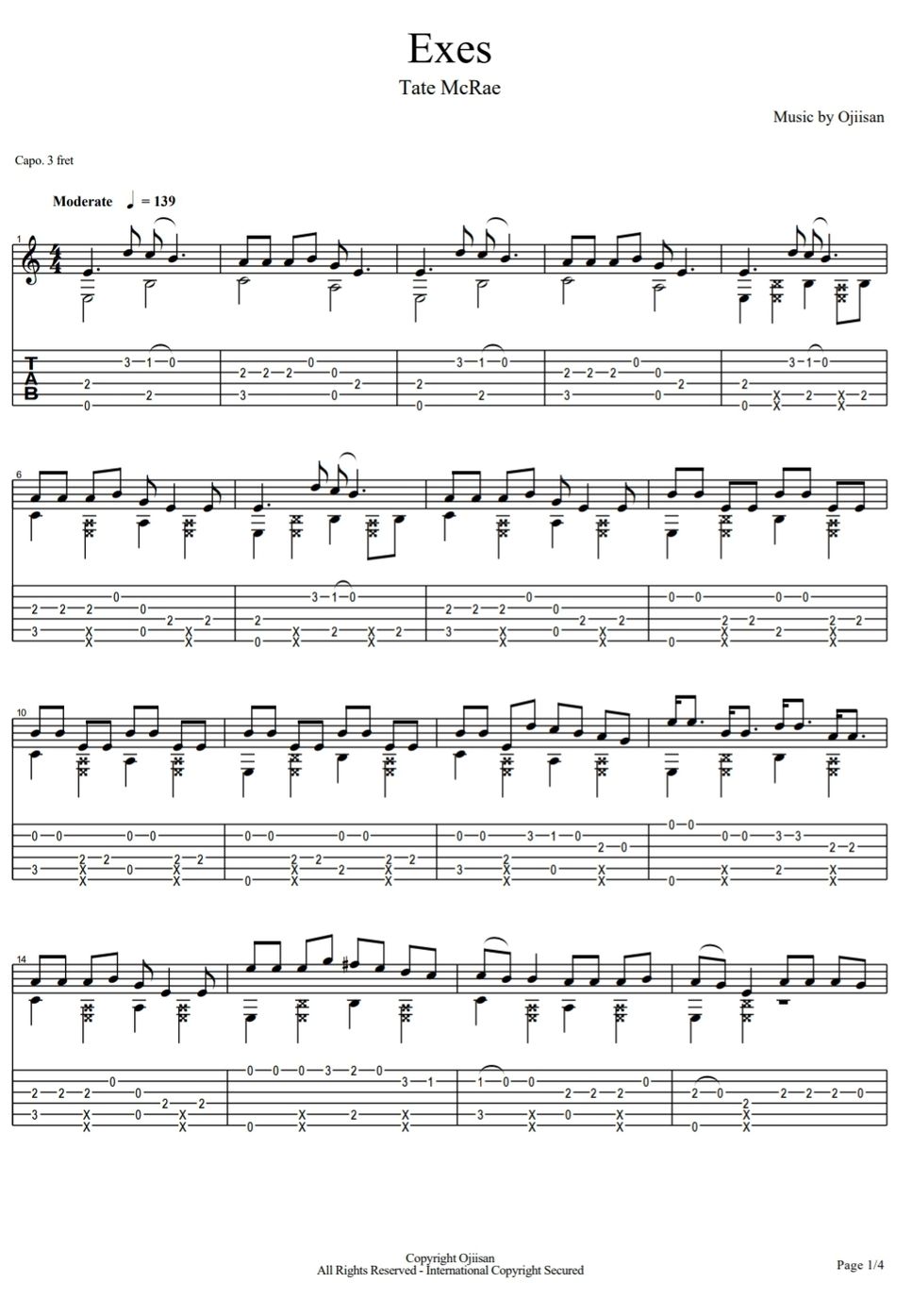 Tate McRae - Exes Tab + 단선 악보 by Ojiisan