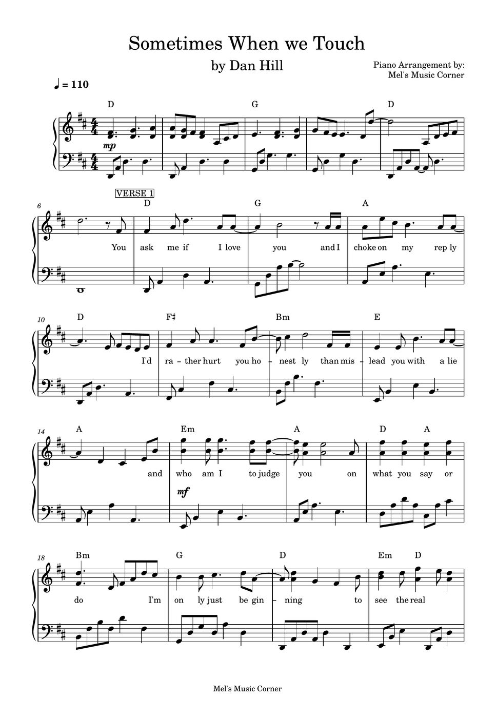 Dan Hill - Sometimes When We Touch (piano sheet music) 曲谱 by Mel's Music Corner