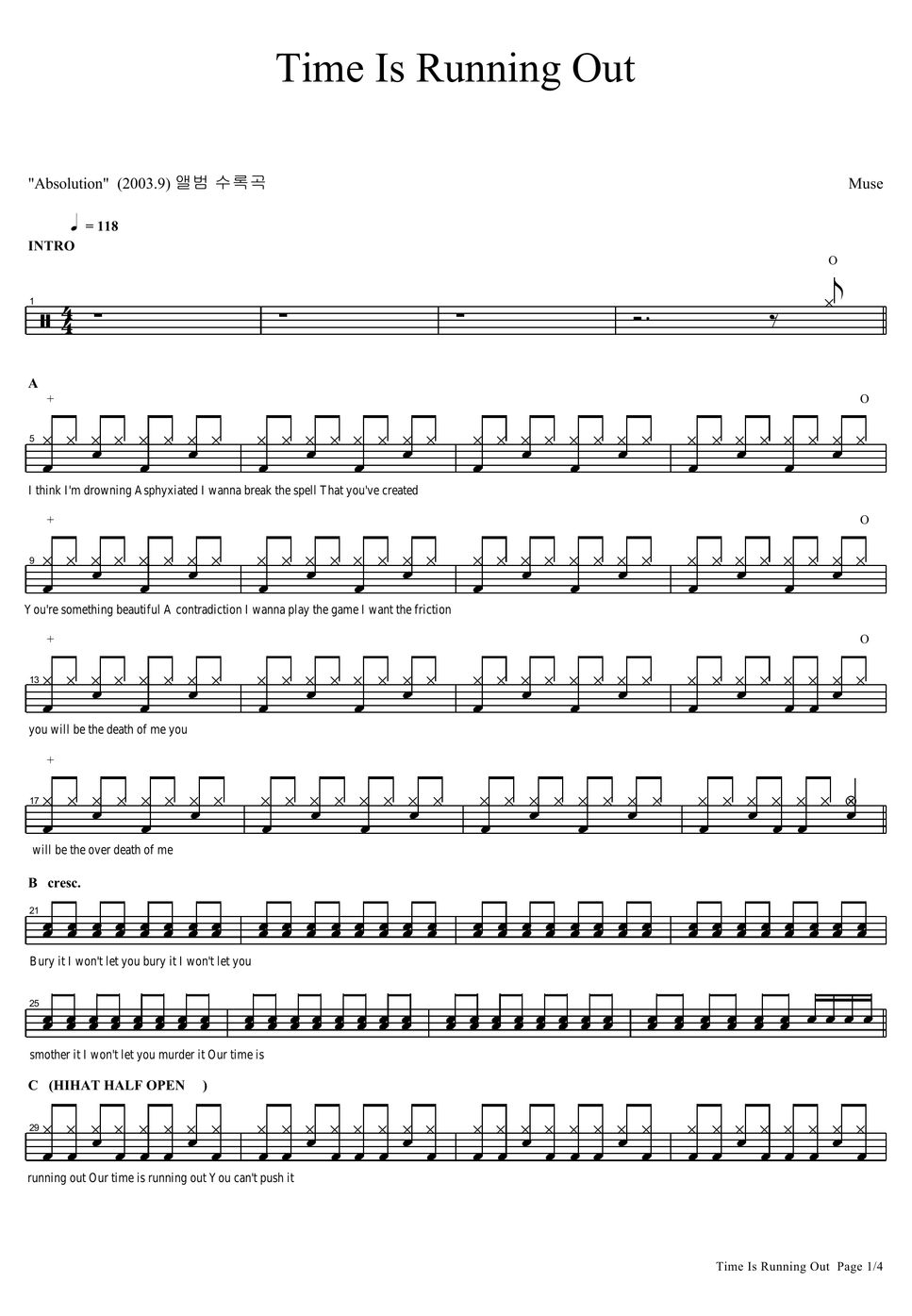 Muse - Time Is Running Out Partitura by COPYDRUM