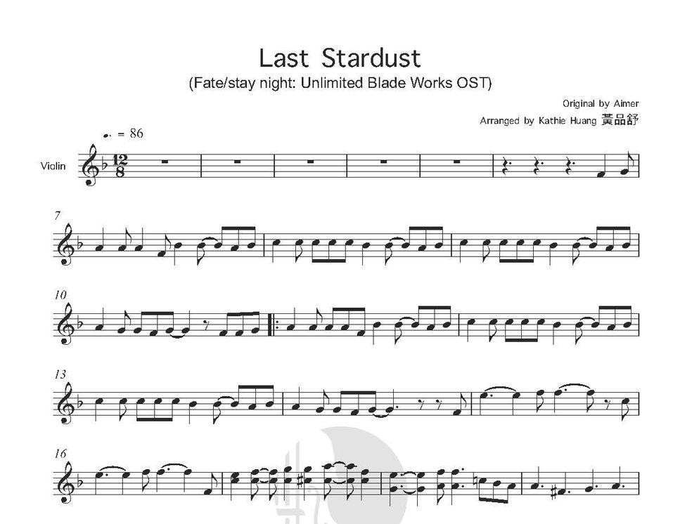 Aimer - Last stardust (Fate/stay night UBW Includes Instrumental) Sheet Music by Kathie Violin