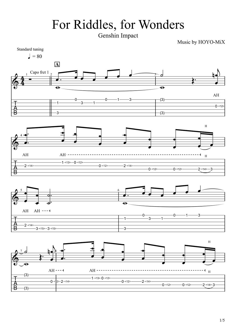 Genshin Impact - For Riddles, for Wonders (Fingerstyle) TAB by u3danchou