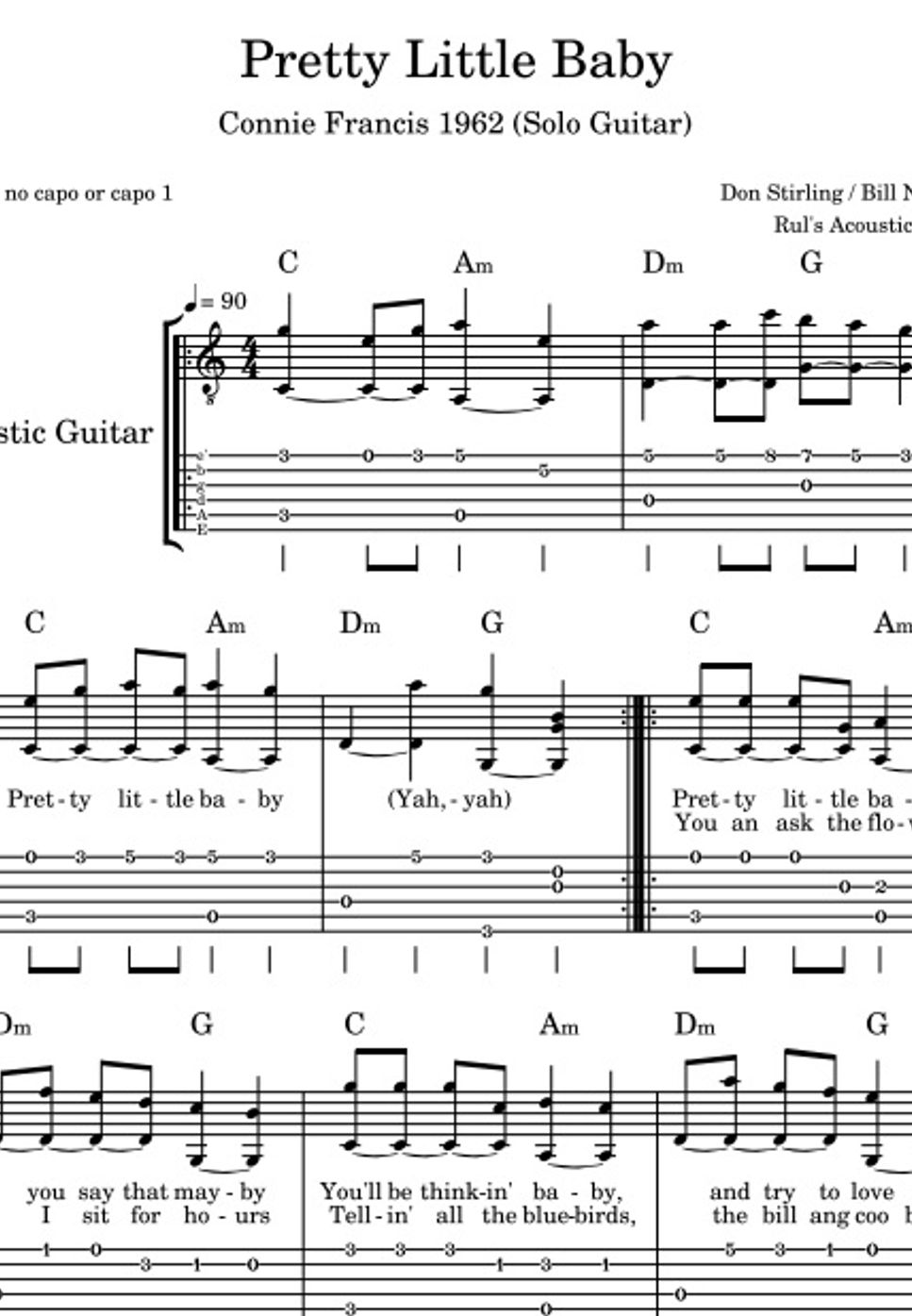 Connie Francis - Pretty Little Baby (Solo Acoustic Guitar Sheet Musical ...