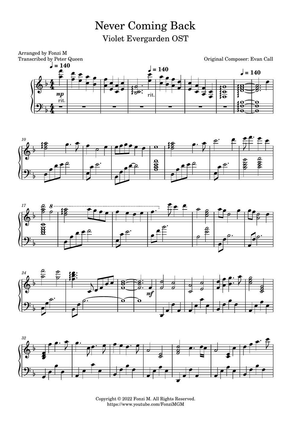 Evan Call - Violet Evergarden OST - "Never Coming Back" Lembar Musik by ...