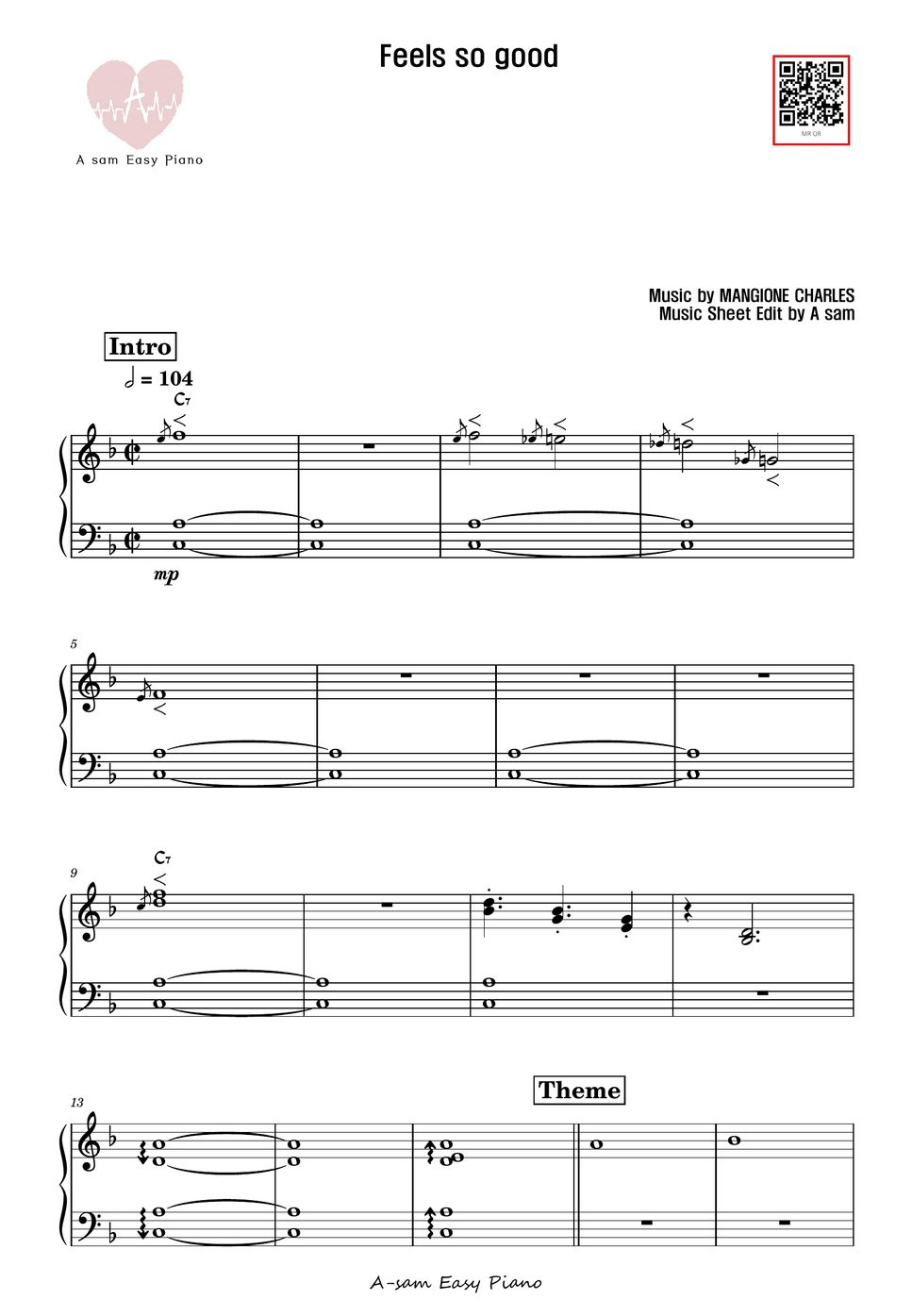 Chuck Mangione - Feels So Good (簡単初級アレンジ) 楽譜 by A-sam