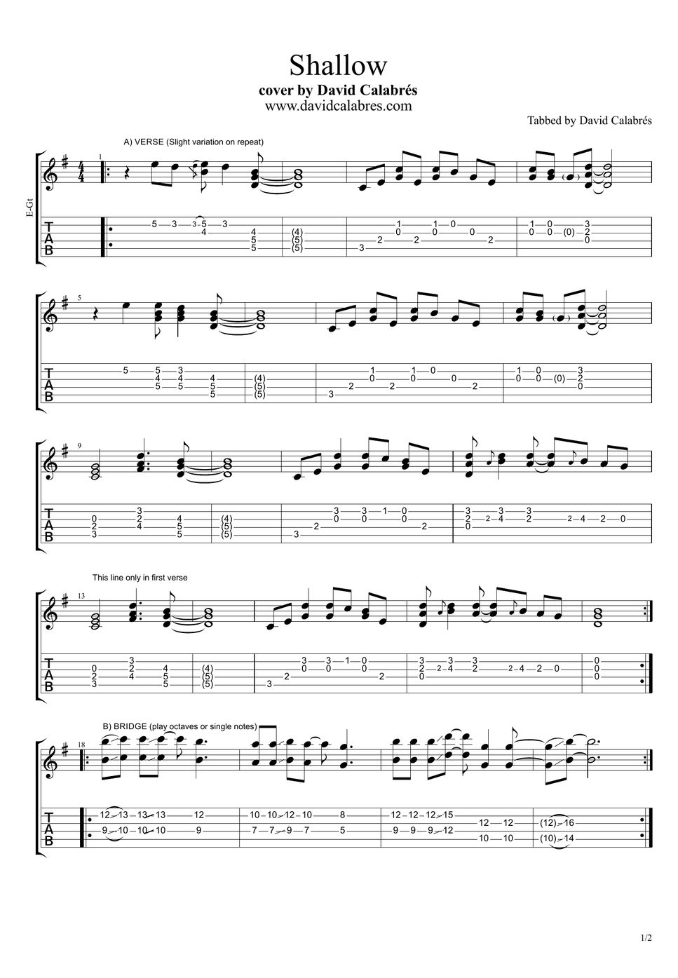 Lady Gaga & Bradley Cooper - Shallow TAB by David Calabrés