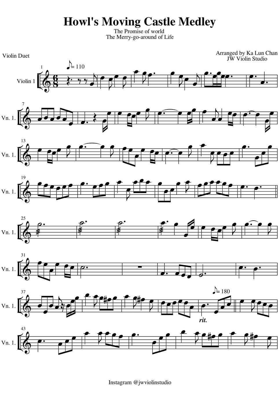 Joe Hisaishi - Howl's Moving Castle Theme (Violin Duet) 악보 by Ka Lun Chan